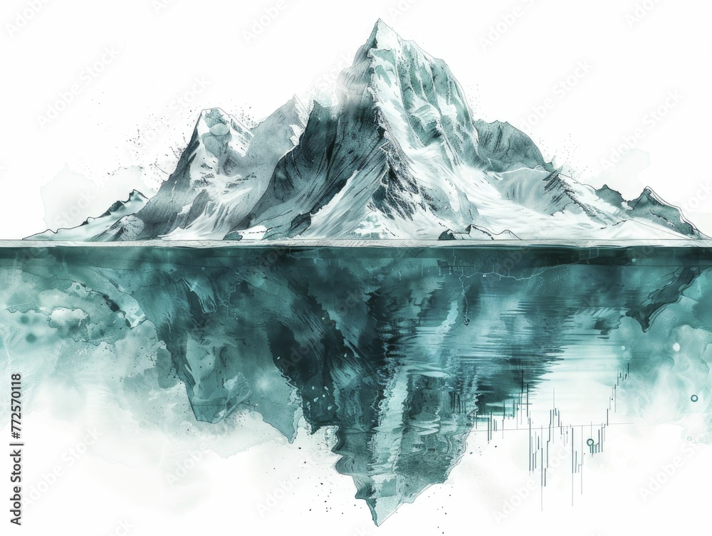 Sleek drawing of an iceberg with a financial chart submerged, on an ...