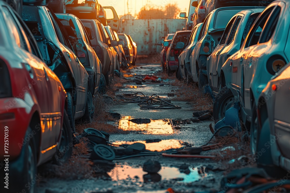 Junkyard with broken cars on golden hour. Unwanted and damaged cars ...