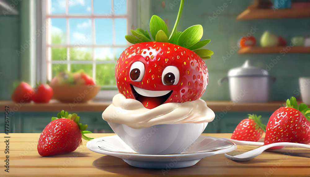 3d cartoon artwork of a smiling strawberry cartoon character dipped in ...