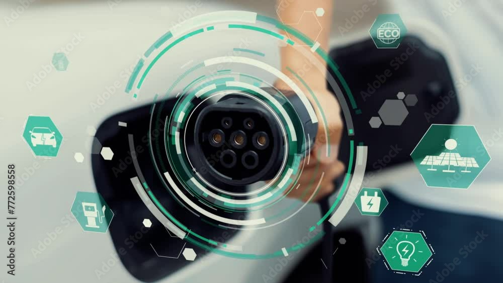 Focus EV charger pointing in front of camera display futuristic eco ...