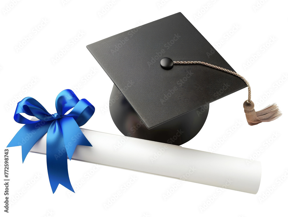 Birrete negro de graduado junto a diploma enrollado y atado con un lazo ...