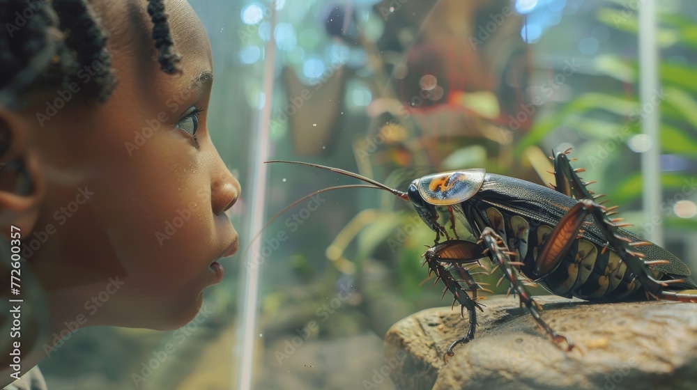African American Boy studying a giant cockroach in a terrarium. Child ...