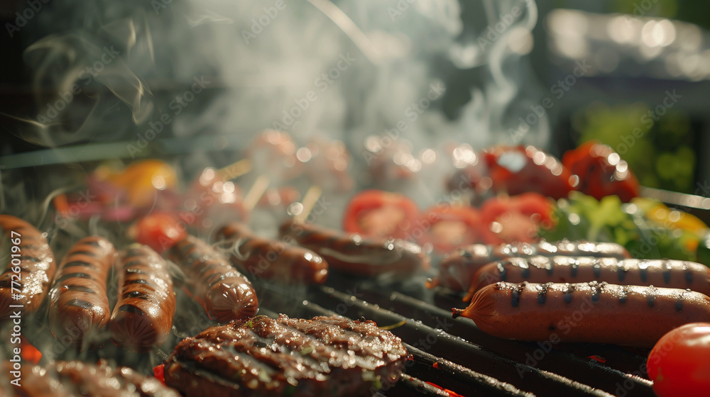 A barbecue grill loaded with sizzling hotdogs, burgers, and vegetables ...