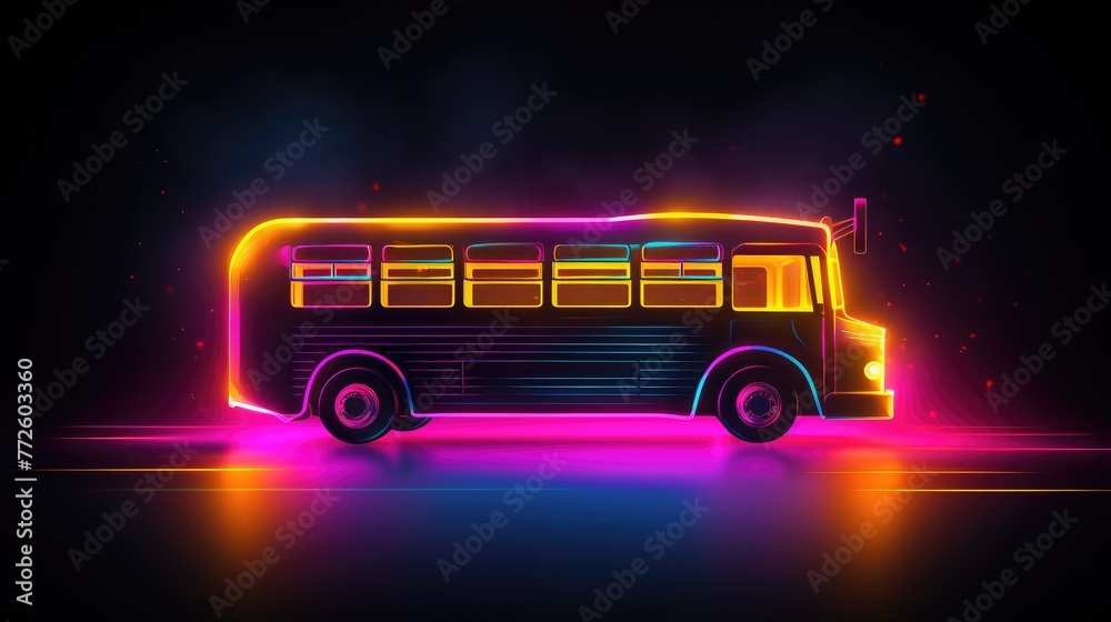 Glowing school bus, A neon-lit school bus icon, a dynamic and eye ...