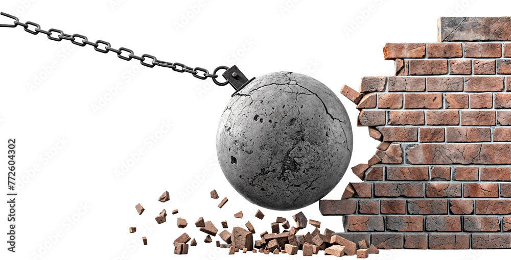 Wrecking ball is smashing into a brick wall, isolated on a transparent ...