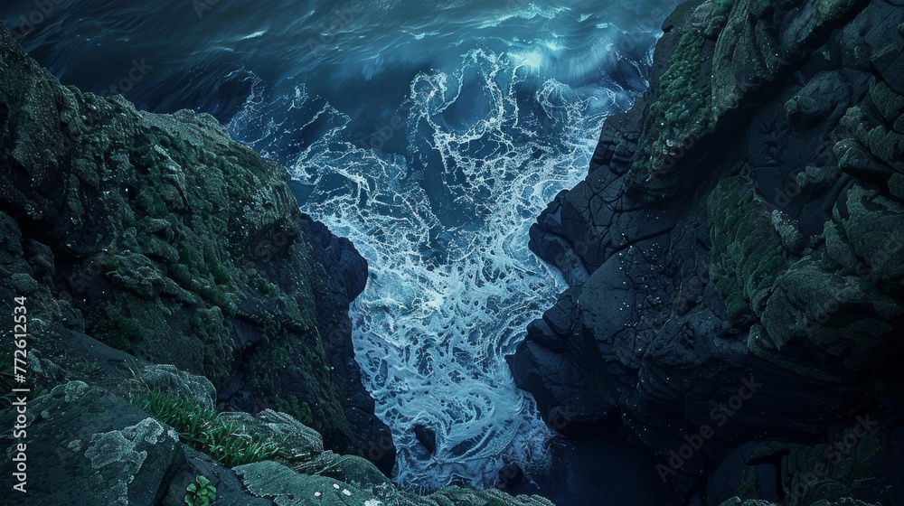 looking straight down a coastal sea cliff into a tide pool, birds eye ...