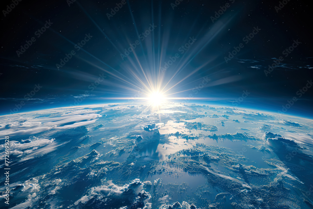 The sun rising over Earth's horizon, view from orbit over the planet ...