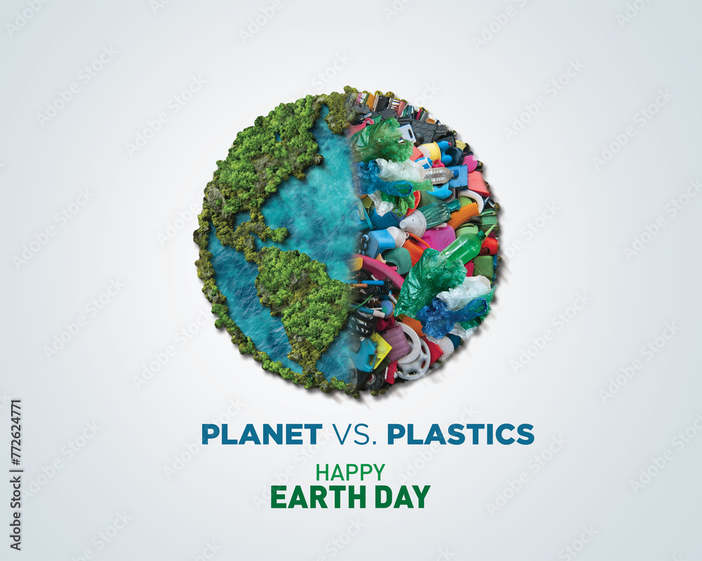 Planet vs. Plastics , Earth day 2024 concept 3d tree background. Ecology concept. Design with ...