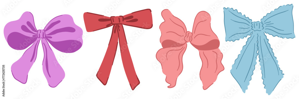 Ribbon bow set. Cute hand drawing elements. Coquette aesthetic bows ...
