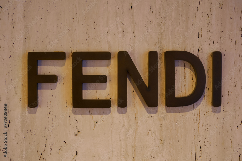 HONG KONG, CHINA - DECEMBER 05, 2023: close up shot of Fendi sign as ...