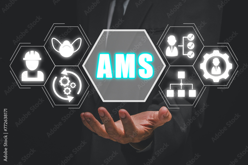 AMS, Arbeitsschutz management system concept, Businessman hand holding ...