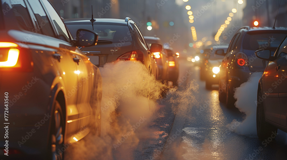 A car stuck in traffic with visible exhaust fumes, Rising Levels Of Air ...