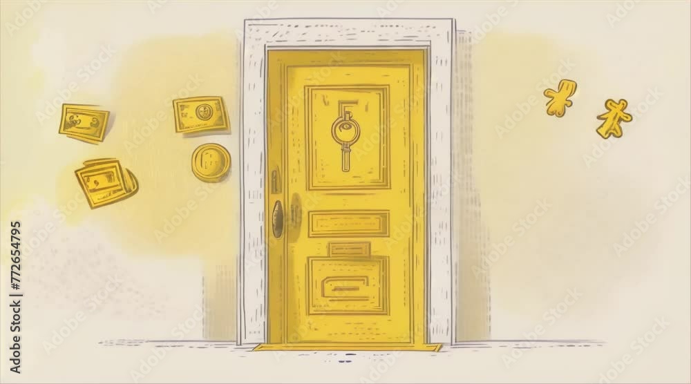 Stylized golden door with floating keys and coins on a light background ...