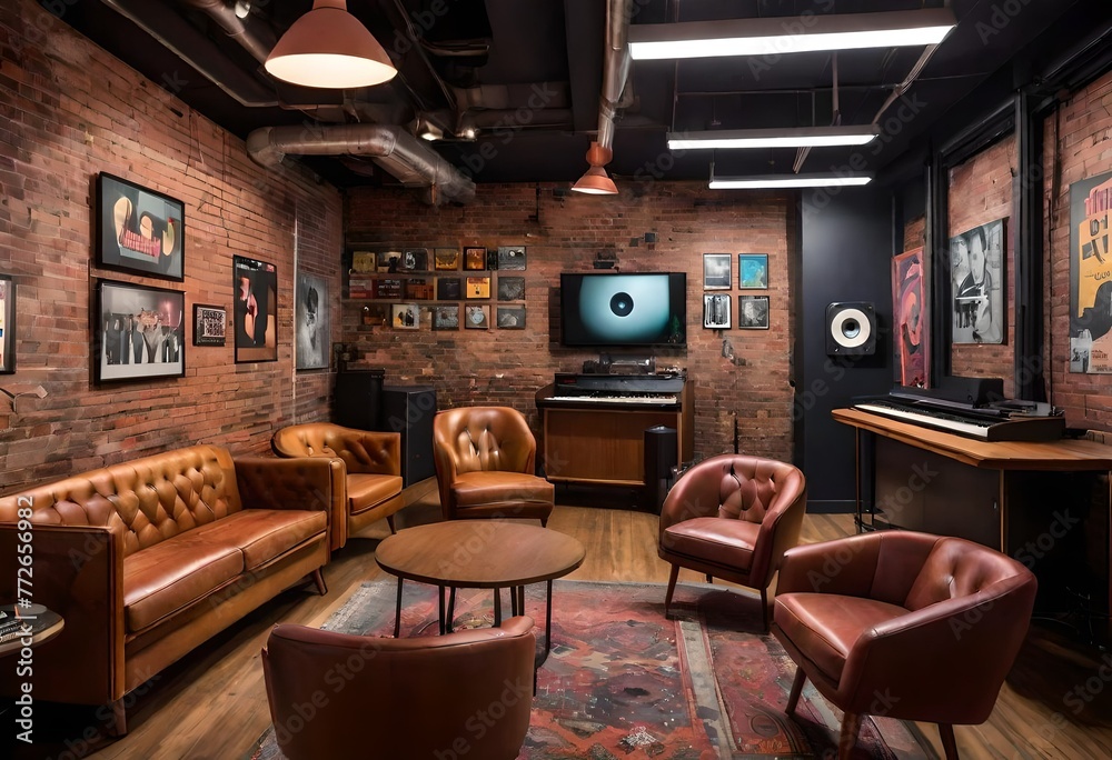 Sleek recording setup with leather sofas and rustic brick backdrop ...