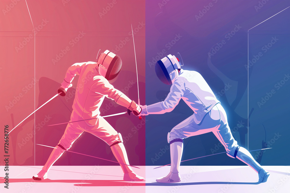 Fencing combat sport. Fencing athletes dueling with swords in ...