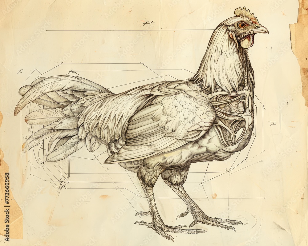A detailed sketch of a chickens anatomy highlighting the elegance of ...