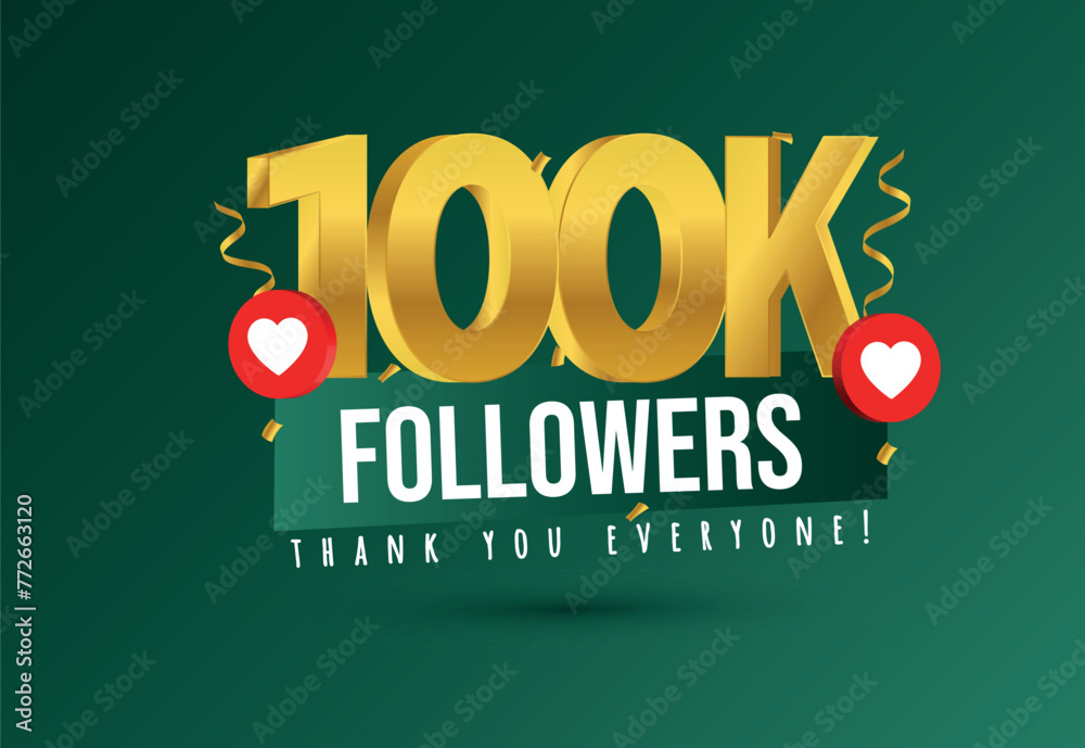 100k followers. Thank you for 100k followers on social media. 1000000 ...