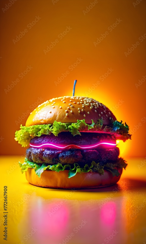 cyberpunk food, burger , neon light on isolated yellow background Stock ...