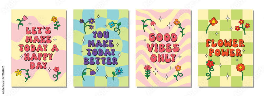 Collection of positive posters with flowers in trendy hippie groovy ...