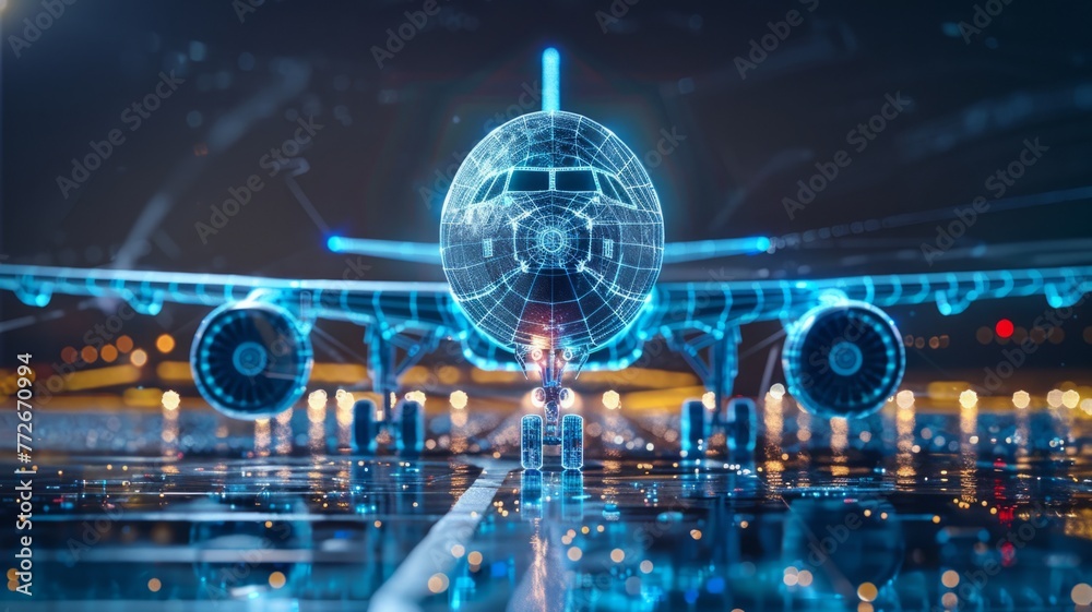 Futuristic hologram of plane on runway - This striking image features ...