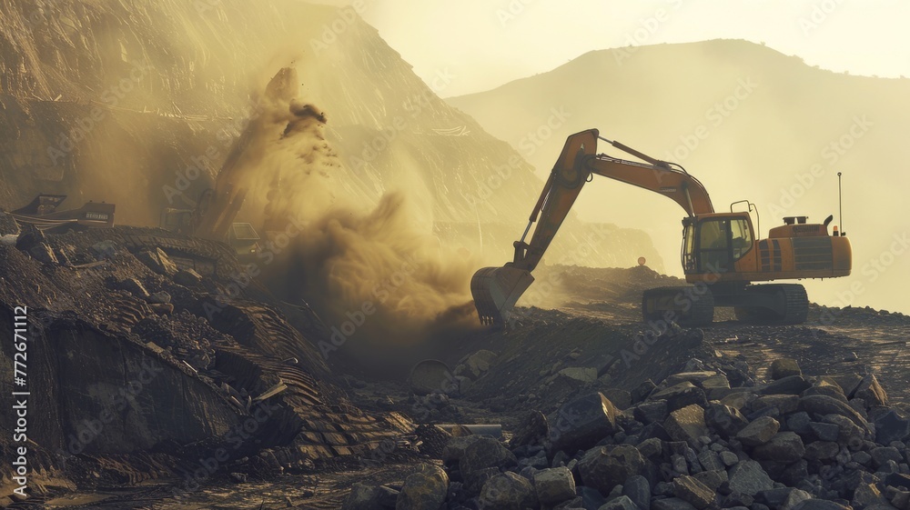 Heavy machinery causing a dust cloud in a quarry - A dynamic scene ...