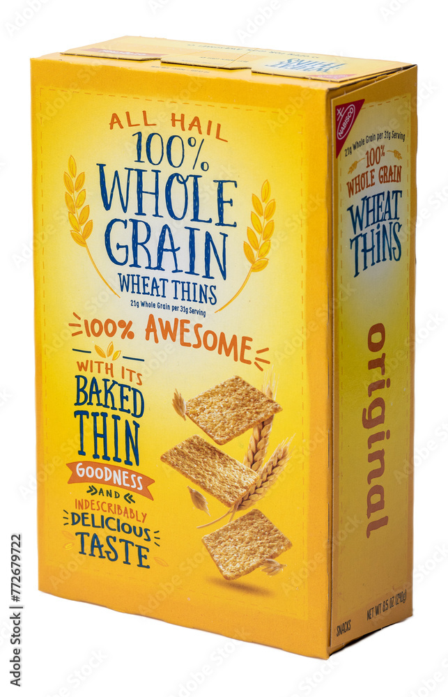 Package of Nabisco 100% whole grain wheat thins isolated on a ...