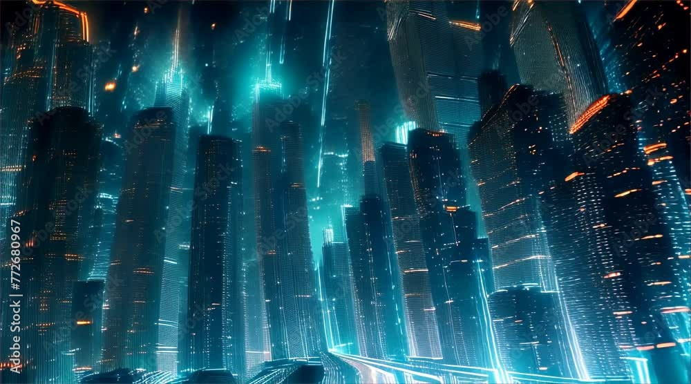 A digital art depiction of a futuristic city at night, illuminated by ...