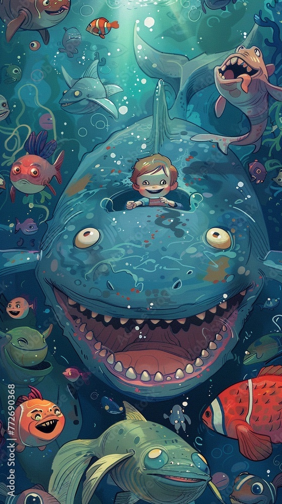 Whimsical sketch of Jonah inside the big fish surrounded by underwater ...