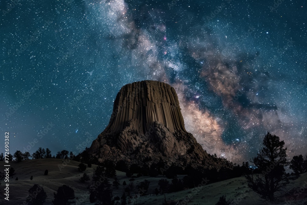 Night photography capturing the Milky Way galaxy over Devils Tower ...