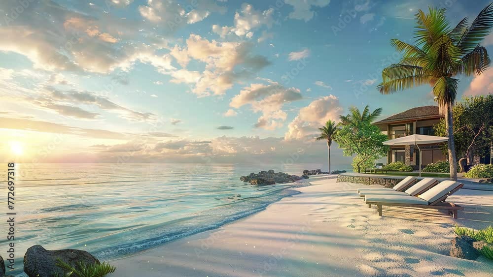 a serene beach scene with a luxurious villa. beachfront living ...