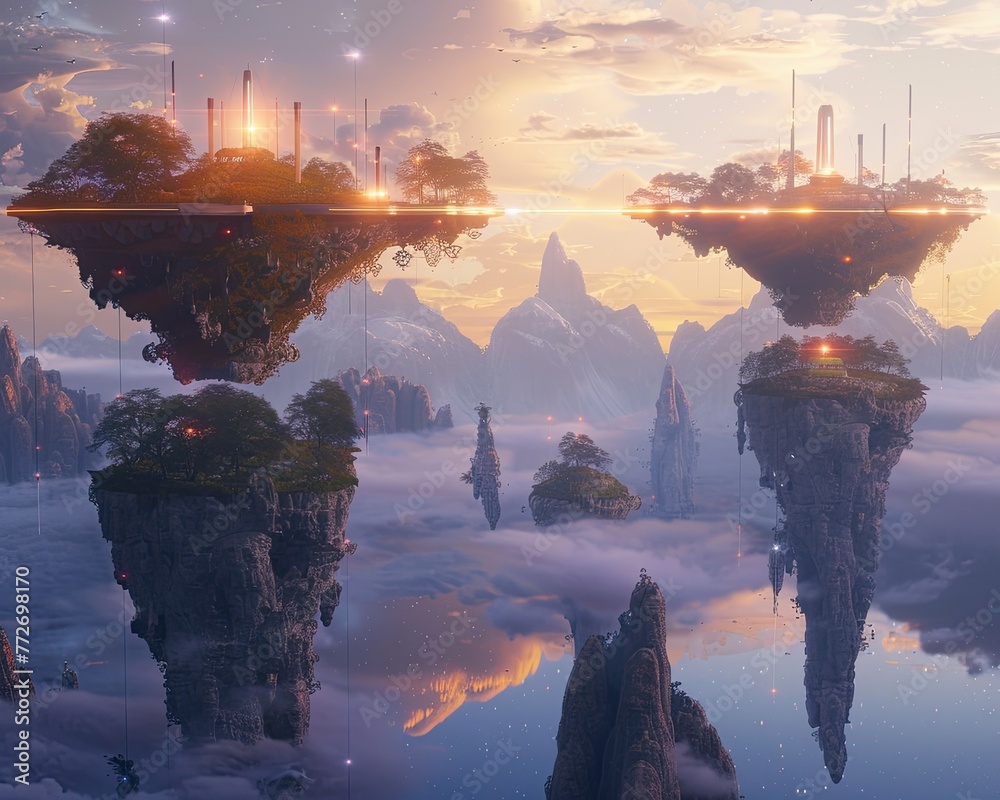 otherworldly 3D landscape with floating islands connected by bridges ...