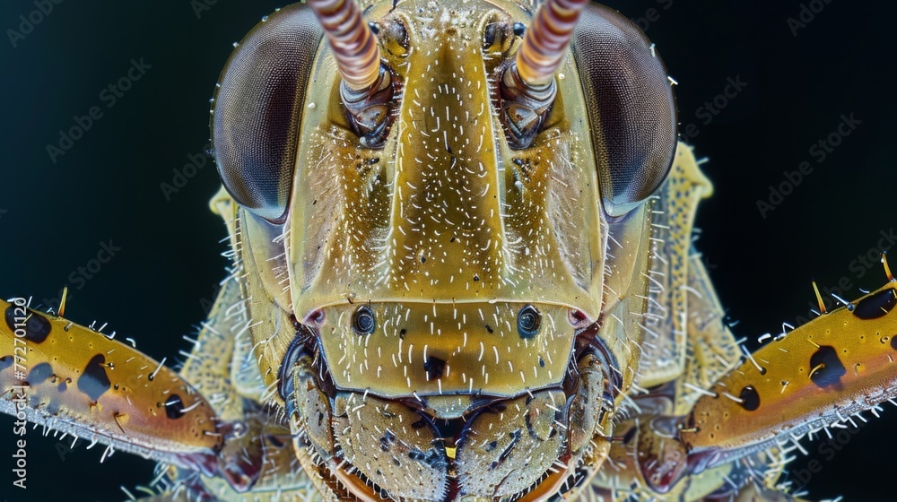 An upclose look at the sharp mandibles of a grasshopper evoking a sense ...