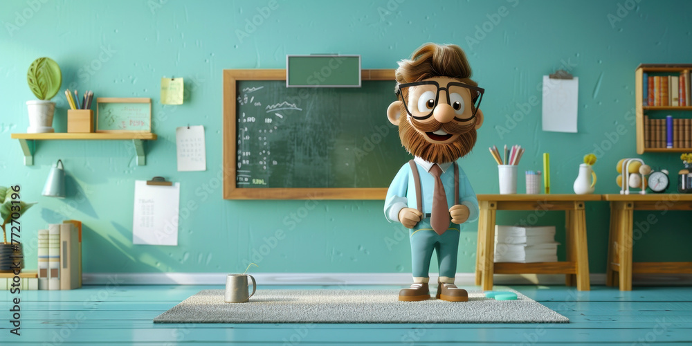 Cartoon teacher giving a lesson in front of a chalkboard in a classroom ...
