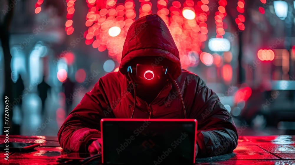 Cybersecurity screens flashing red as a hacker orchestrates a virus ...