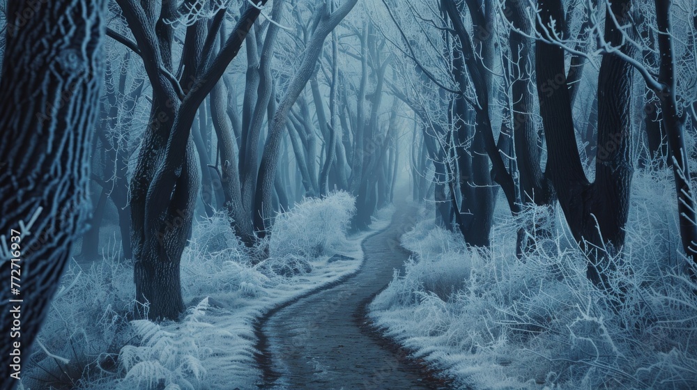 An icy path winds through a forest of frozen trees creating a magical ...