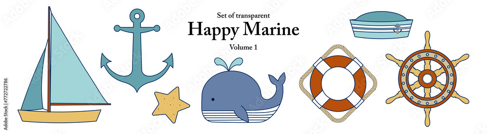 A series of isolated decorations for Happy Marine in cartoon style ...