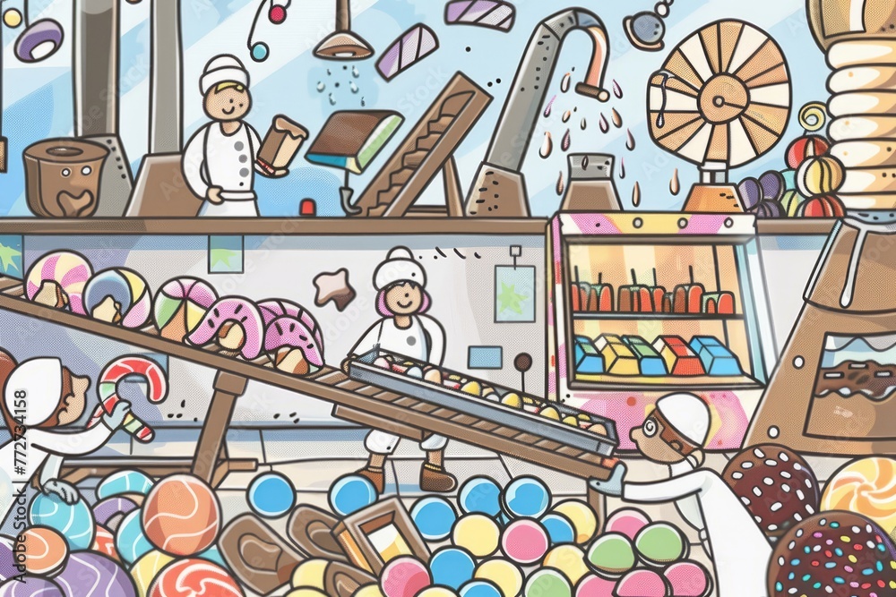 Cartoon cute doodles of a candy factory where workers operate conveyor ...
