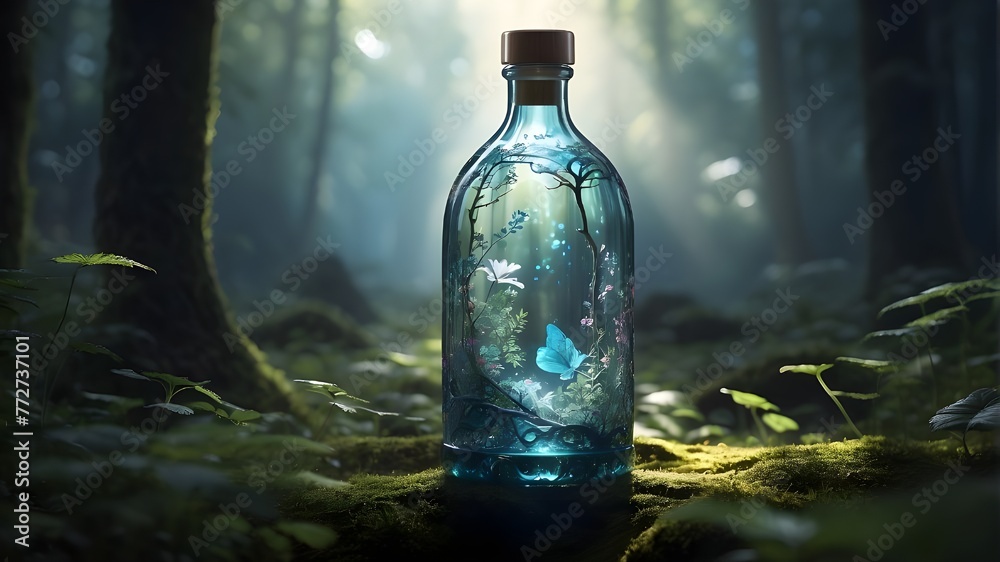 "In a mystical forest glade, a bottle of mineral water stands as a ...
