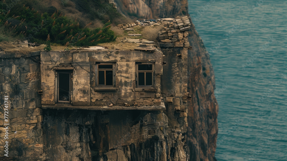 An old rundown house is perched on the edge of a cliff isolated from ...