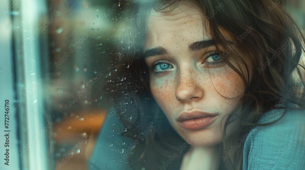 young woman with a sad face looking out of a window - symbol of ...