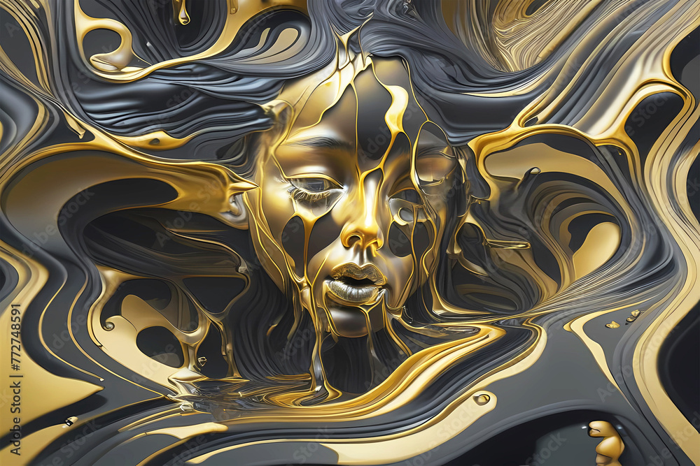 metal lady. female face frozen in liquid metal. created using ...