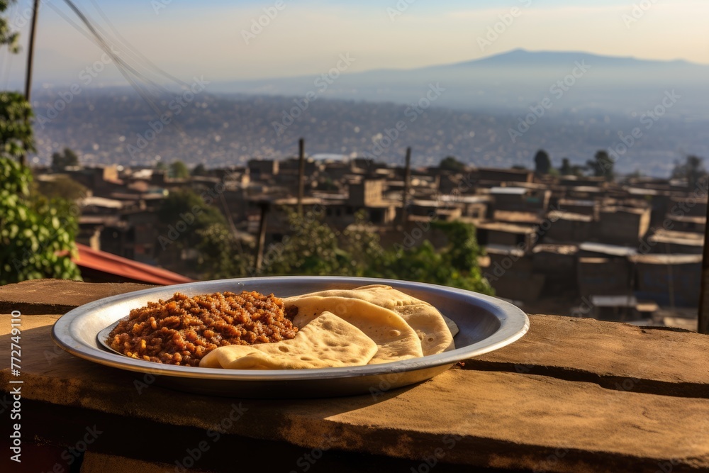 Ethiopian injera and stew with a view of an Addis Ababa village. Stock ...