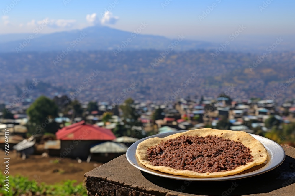 Ethiopian injera and stew with a view of an Addis Ababa village. Stock ...