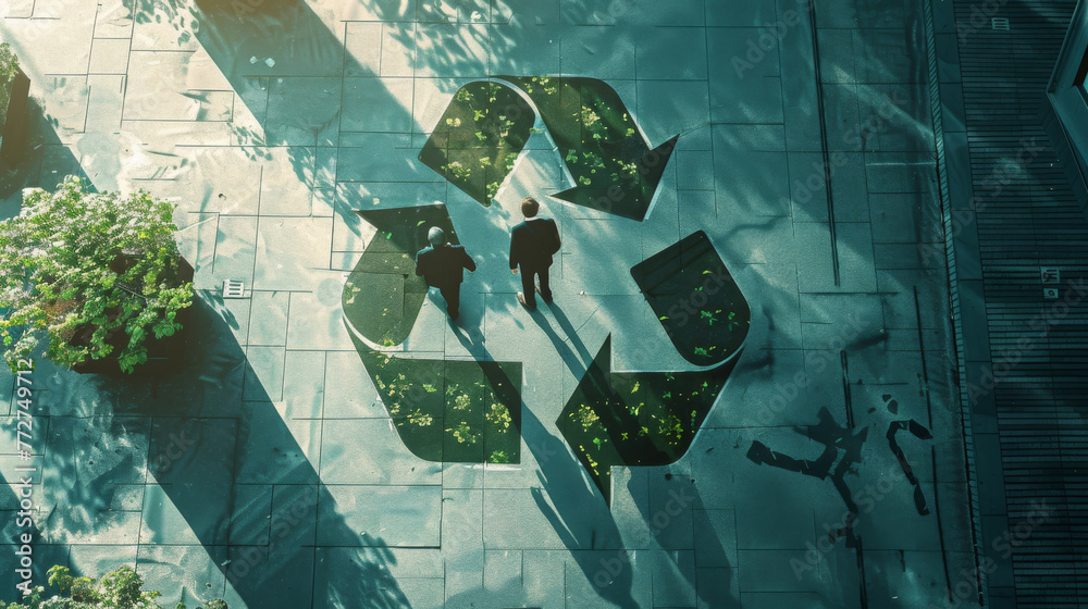 Green recycle symbol icon sign with professional environment background ...