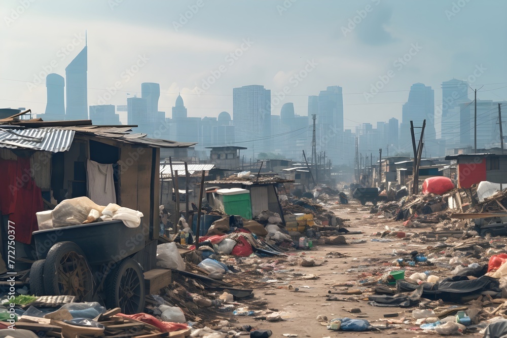 Contrast of the slums, poor living space to the rich city space, urban ...