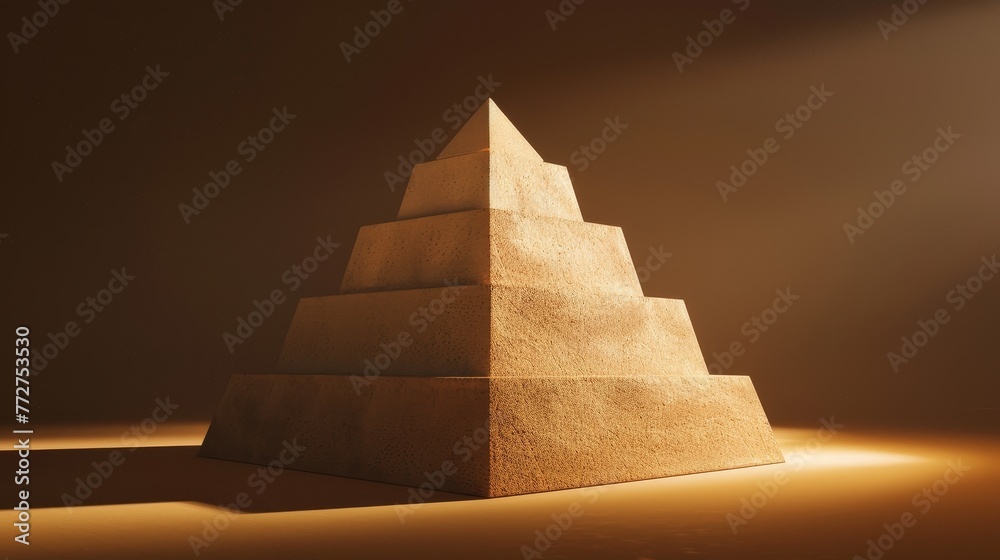 Conceptual 3D model of a step pyramid under focused light, symbolizing ...