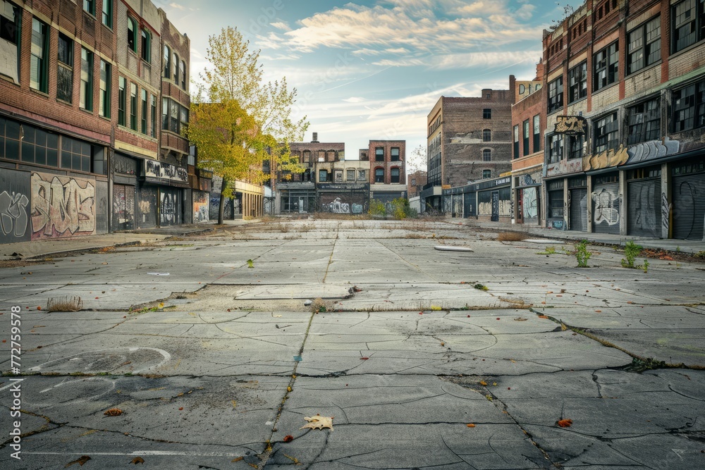 A vacant city square surrounded by abandoned storefronts, with empty ...