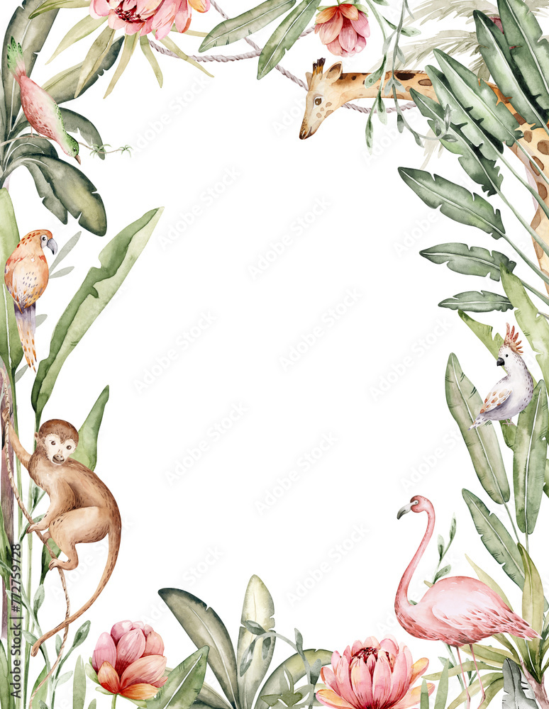 Watercolor frame background of african plants and animals with elephant ...
