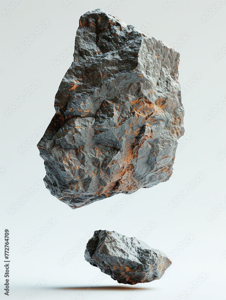 Rock flying randomly, captured in photorealistic quality, stark white ...