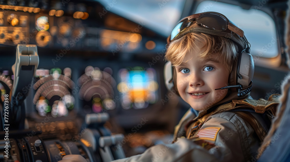 Kid pilot dream job, posing in airplane cockpit, in full captain gear ...